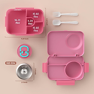 DaCool Lunch Box Kids Bento Box 7.5 Cups with 4-Compartment Leakproof BPA Free Toddler Girls Lunch Containers with Fork Spoon for Meal Snack On-the-Go School Picnic, Microwave Dishwasher Safe, Pink