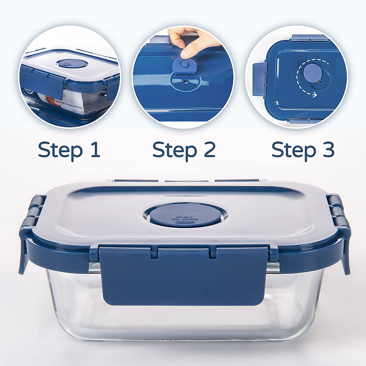 HAKEEMI Glass Food Storage Containers 10 Pack, Glass Meal Prep Containers with Snap Locking Lids Airtight Built in Air Vents, Glass Lunch Containers, Microwave/Dishwasher Safe, Navy Blue