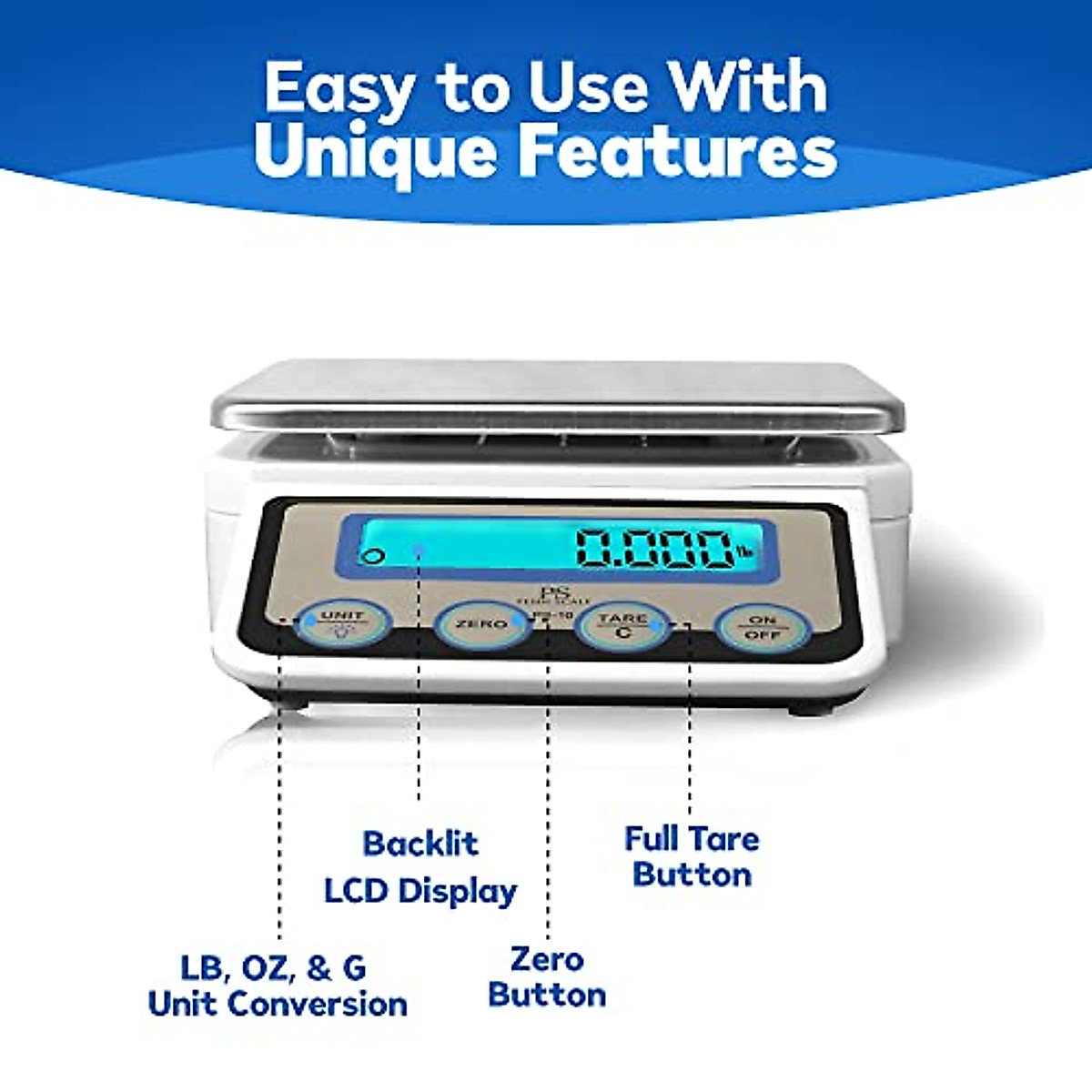 Penn Scale PS-10 Digital Kitchen Portion Scale - 11lb Electric Kitchen Scale with 0.002lb Readability - Removable Platter & LCD Display - Lb, Oz, G Unit Conversion (AC & Battery Powered)