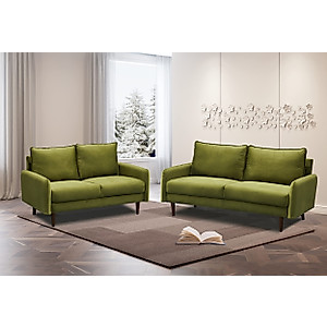 INSTORY Velvet Loveseat Mid-Century Modern Sofa Tufted Couch with Wooden Legs for Living Room - Army Green