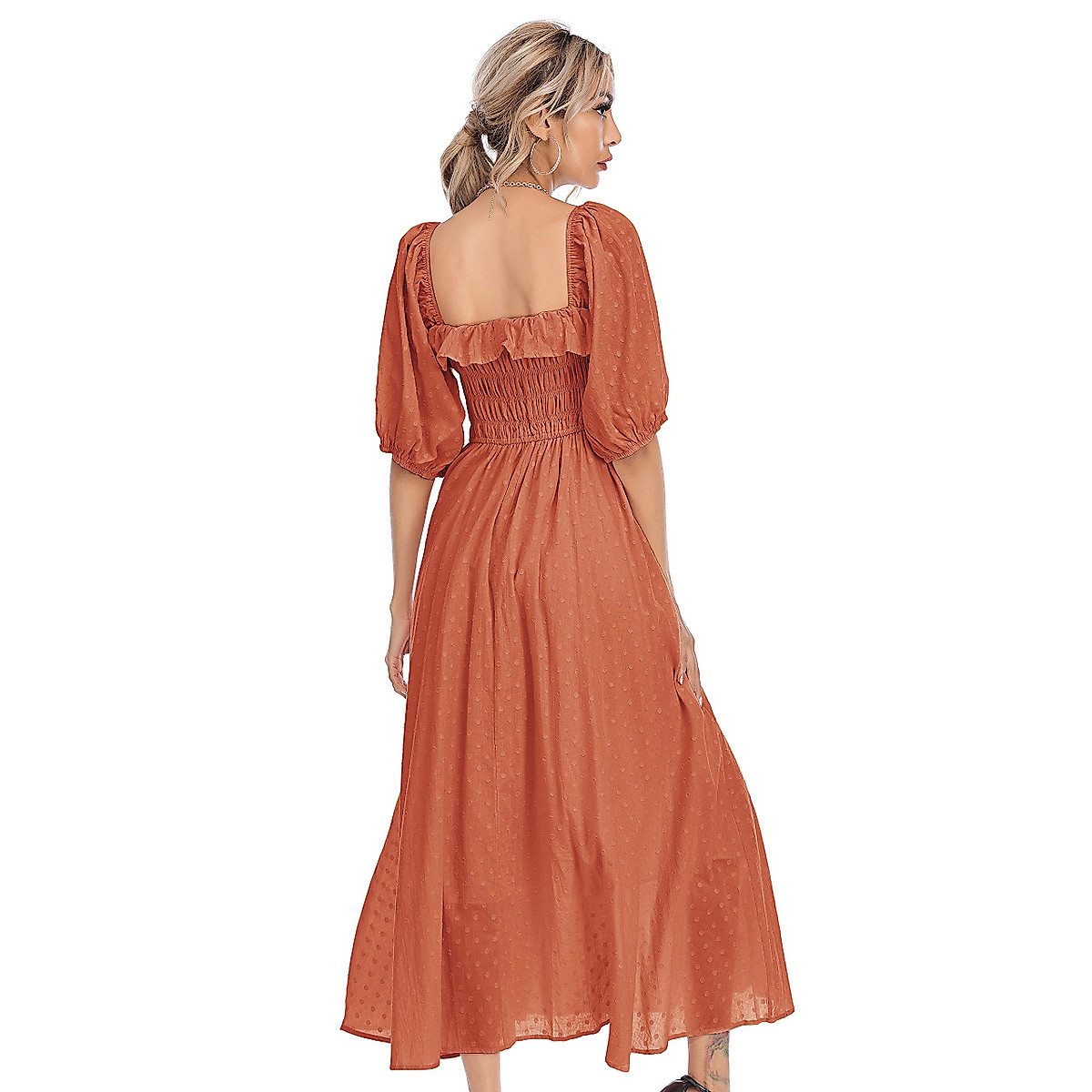 R.Vivimos Women Summer Half Sleeve Cotton Ruffled Vintage Elegant Backless A Line Flowy Long Dresses (Medium, Orange#1)