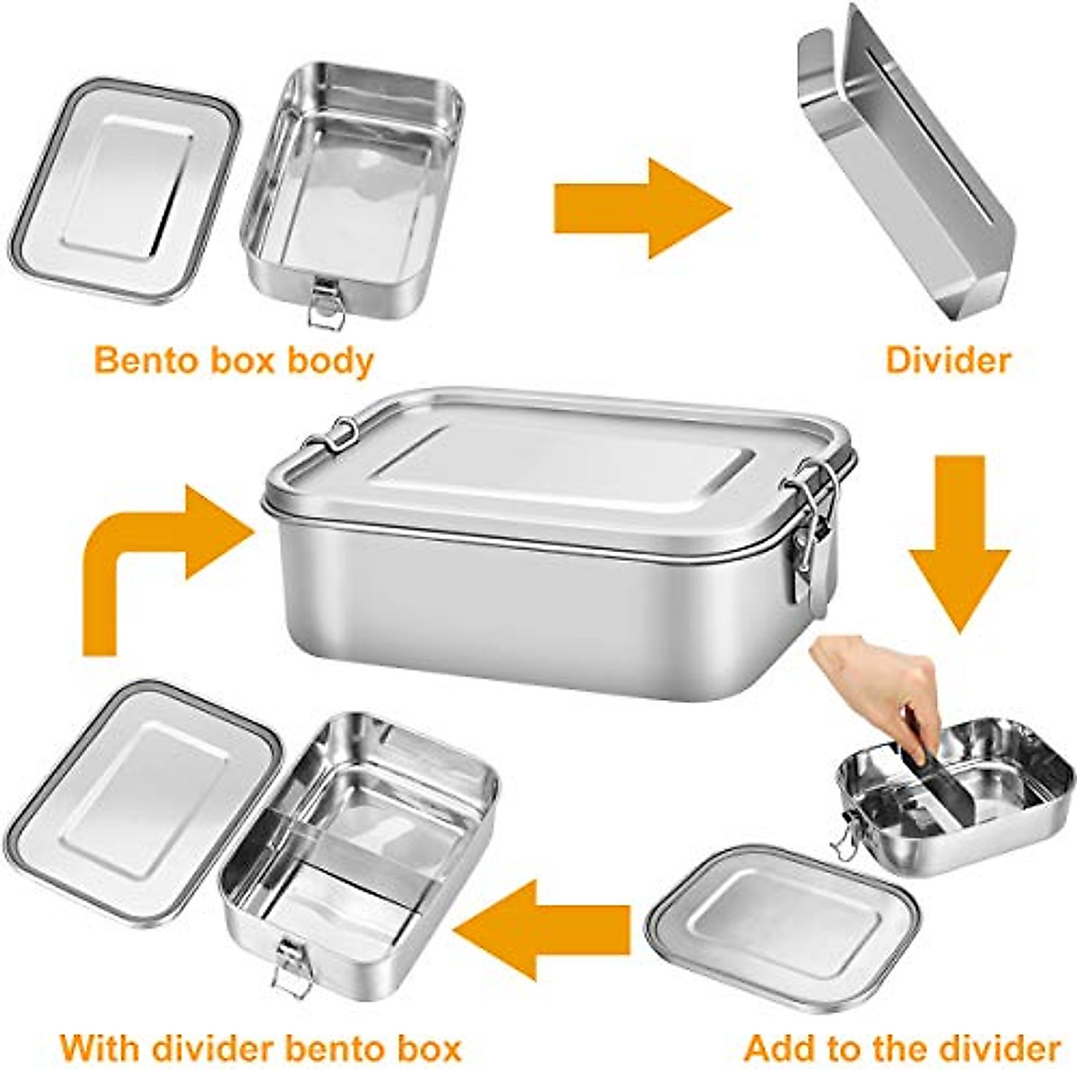 G.a HOMEFAVOR Divided Stainless Steel Bento Box, 2 Compartments Lunch Box, Lock Clips Design, 1200ML Metal Lunch Box Containers, Steel Lunch Box, Sandwich Container - Dishwasher Safe - Leak Proof