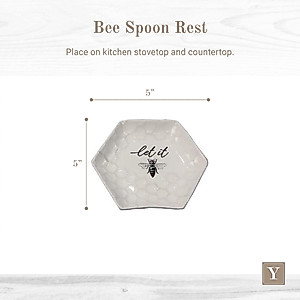 Young's Inc. Spoon Rest for Stove Top and Kitchen Counter - Ceramic Spoon Holder - Durable and Easy-to-Clean - Can Hold Ladles, Spatulas, Tea Bags, and More - Stylish Honey Bee Design - 5" x 5" x 1"