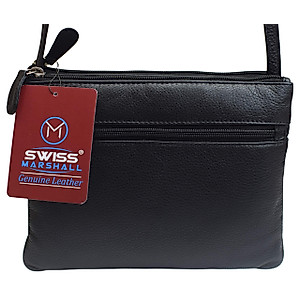 Swiss Marshal Genuine Leather Womens Purse Double Zipper Top Pockets Crossbody Shoulder Bag for Ladies (Black)