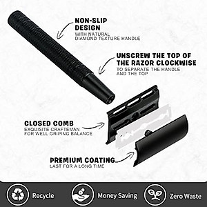 Matte Black Double Edge Safety Razor for Men, with 10 Platinum Coated Double Edge Safety Razor Blades, Single Blade Razor for Men Shaving, Reusable Travel Essentials Women Razor