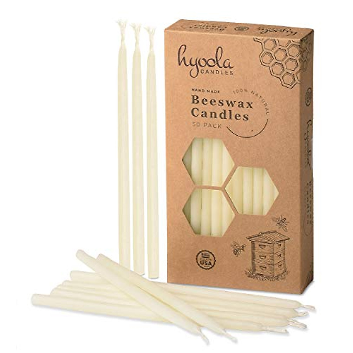 Hyoola Beeswax Birthday Candles - 50 Pack - Natural Dripless Decorative Candles with Long Lasting Burn - Elegant Taper Design, Soothing Scent - 6" Tall - Handmade in The USA
