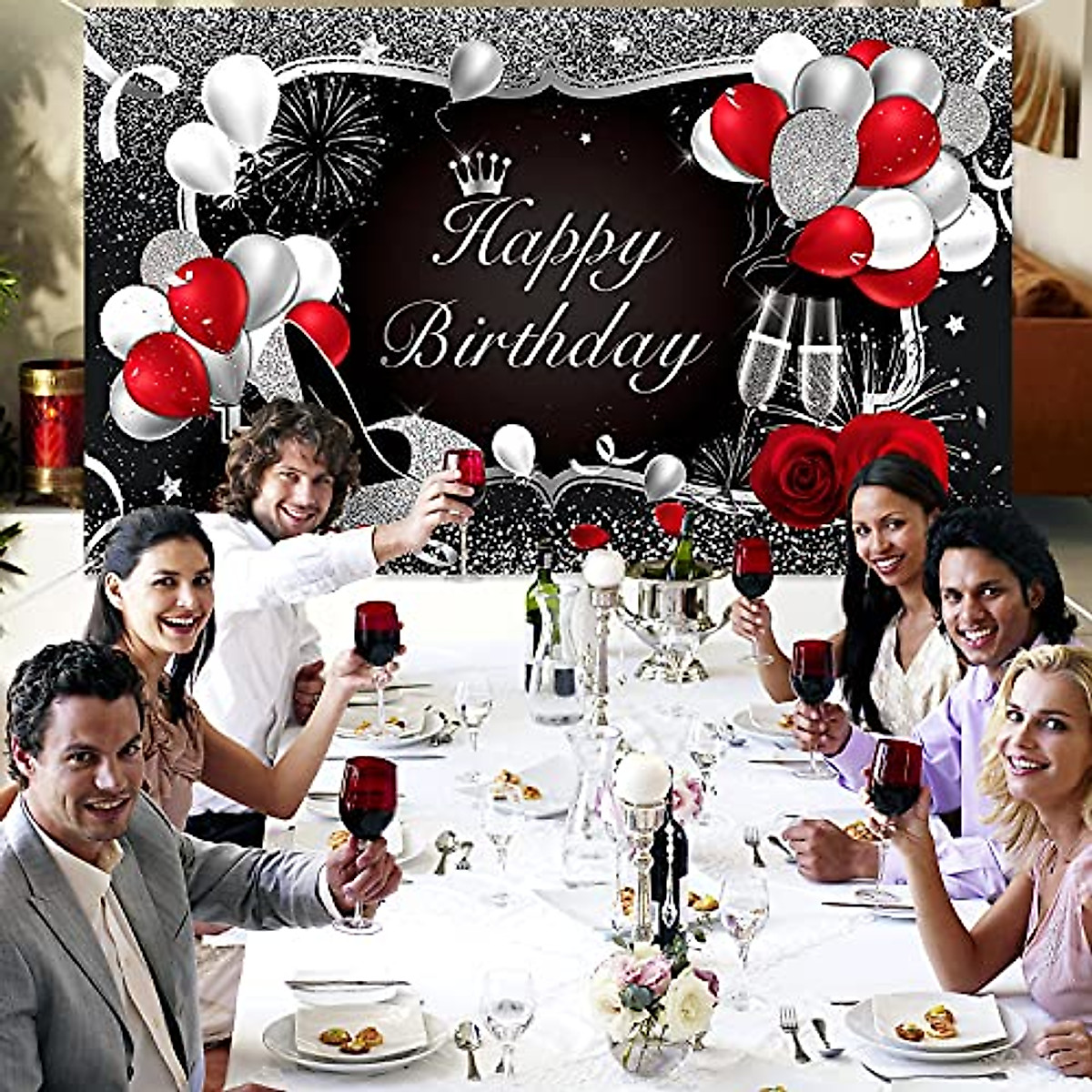 Silver and Black Happy Birthday Backdrop Happy Birthday Banner Red Large Sequin High Heels Champagne Rose Balloons Background for Women Men Party Decorations, 72.8 x 43.3 Inch