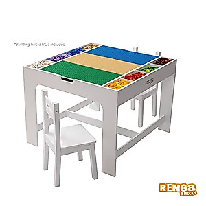 Renga Bricks Kids 2 in 1 Play Table and 2 Chair Set with Storage, Compatible with Lego and Duplo Bricks, Activity Table Playset Furniture with Modern White Color