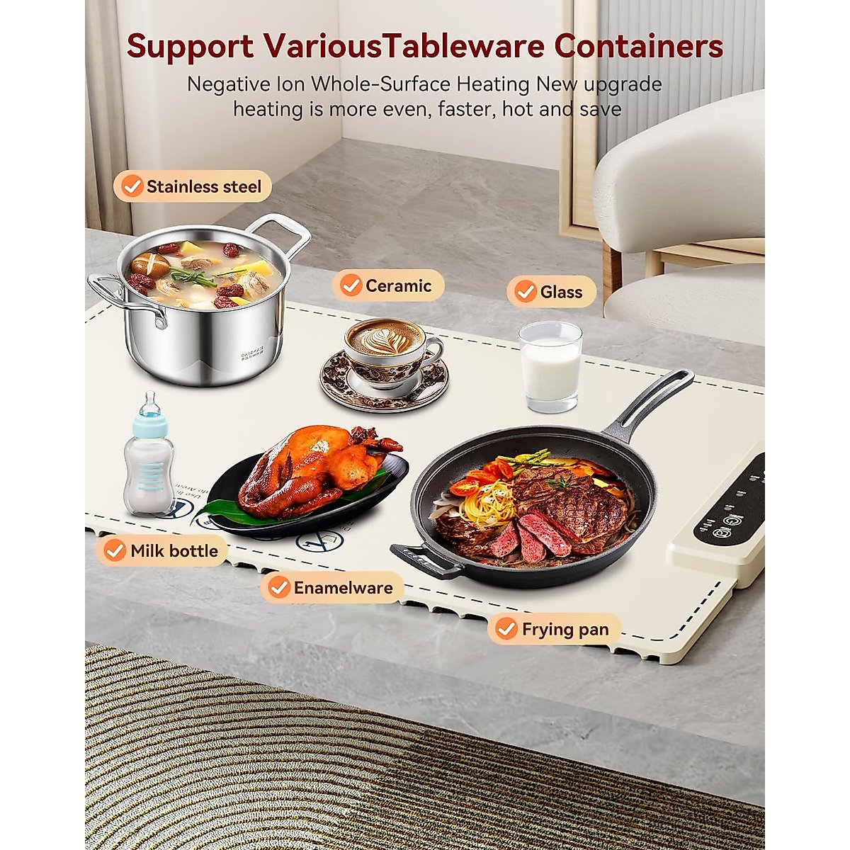 Negative ion Food Warming Mat with Adjustable Temperature,Foldable Electric Warming Tray for Parties Features 3 Modes & Fast Heating,Roll Up Food Warmer for Parties,Shabbat,Christmas （White）