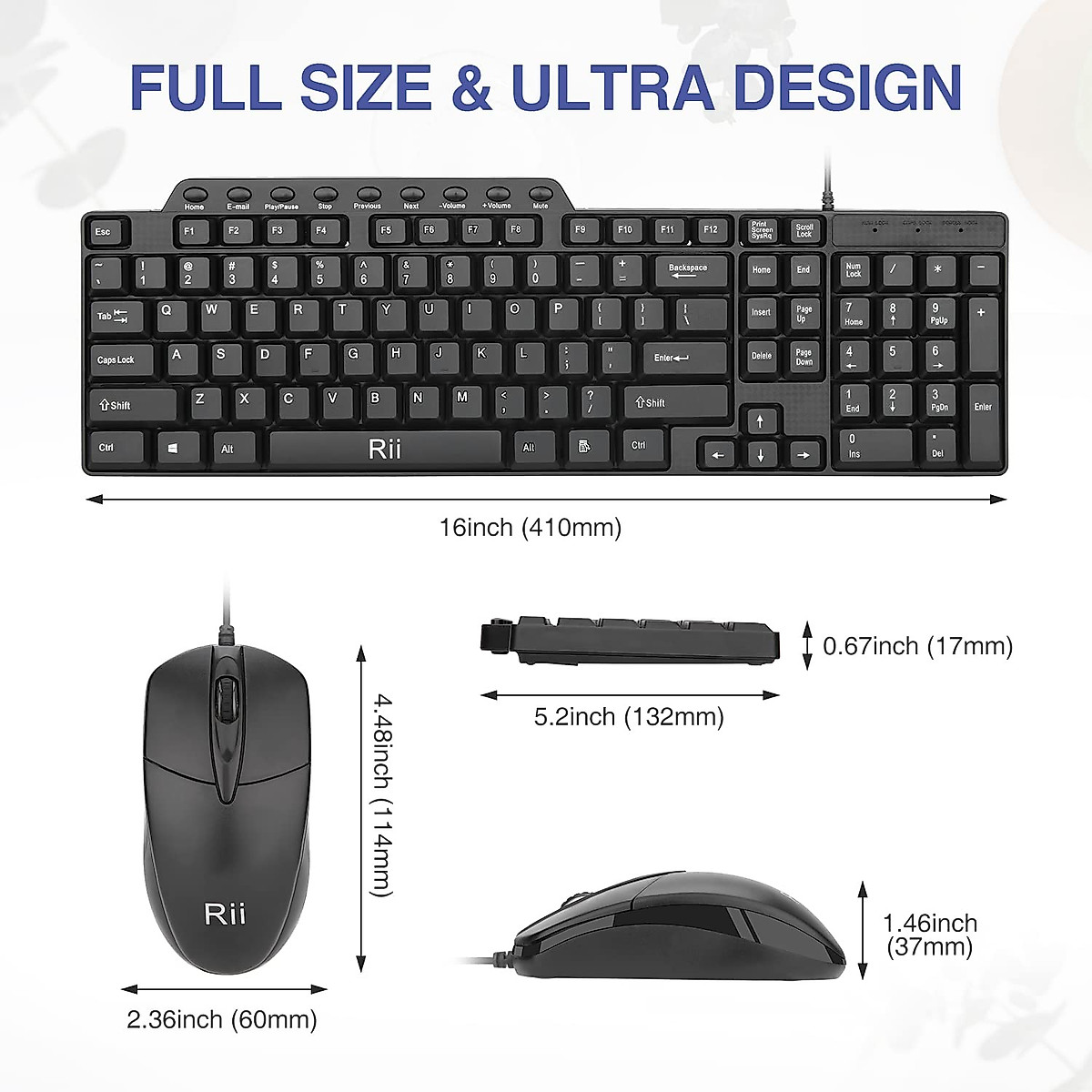 (2PACK) Wired Keyboard and Mouse,Rii RK203 Ultra Full Size Slim USB Basic Wired Keyboard Mouse Combo Set with Number Pad for Computer,Laptop,PC,Notebook,Windows