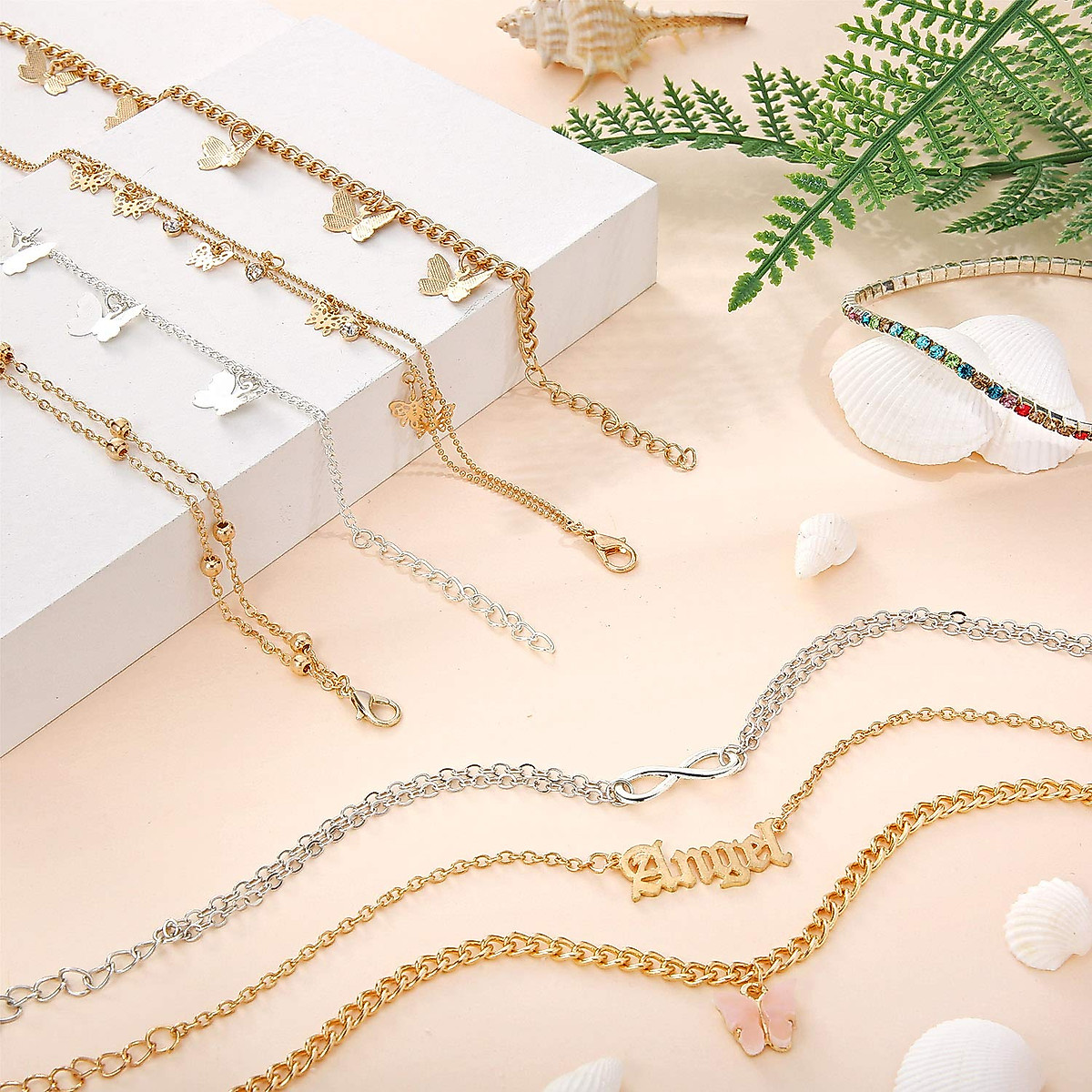 Hicarer 8 Pieces Anklets for Women Cute Charms Butterfly Ankle Bracelets Colorful Rhinestone Anklets Boho Beach Layered Chain Anklets for Girls Foot Jewelry (Delicate Style)