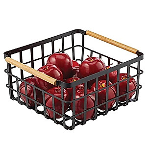 mDesign Metal Wire Storage Organizer Basket with Bamboo Wood Handles for Kitchen Pantry, Rustic Farmhouse Bin to Store Fruit, Coffee, Spices, Supplies, Yami Collection, 8 Pack, Matte Black/Natural/Tan
