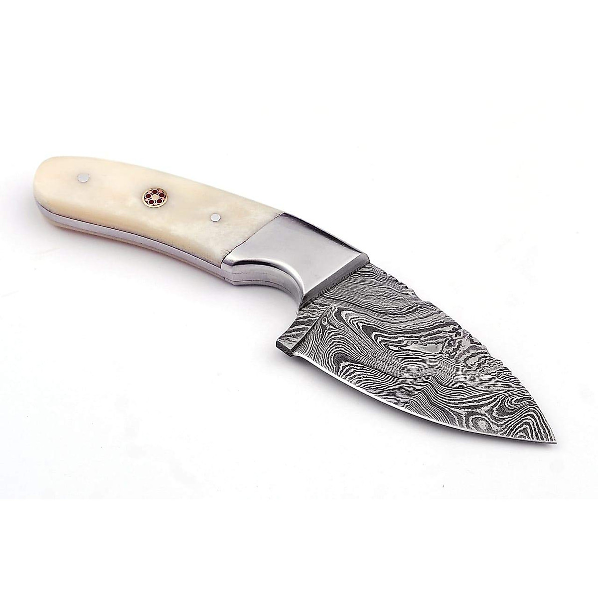 GladiatorsGuild DH76 Custom Made Full Tang Skinner Fixed Blade Small 8" Skinning Knife with Sheath Damascus Steel Pattern Welded DH76 (White)