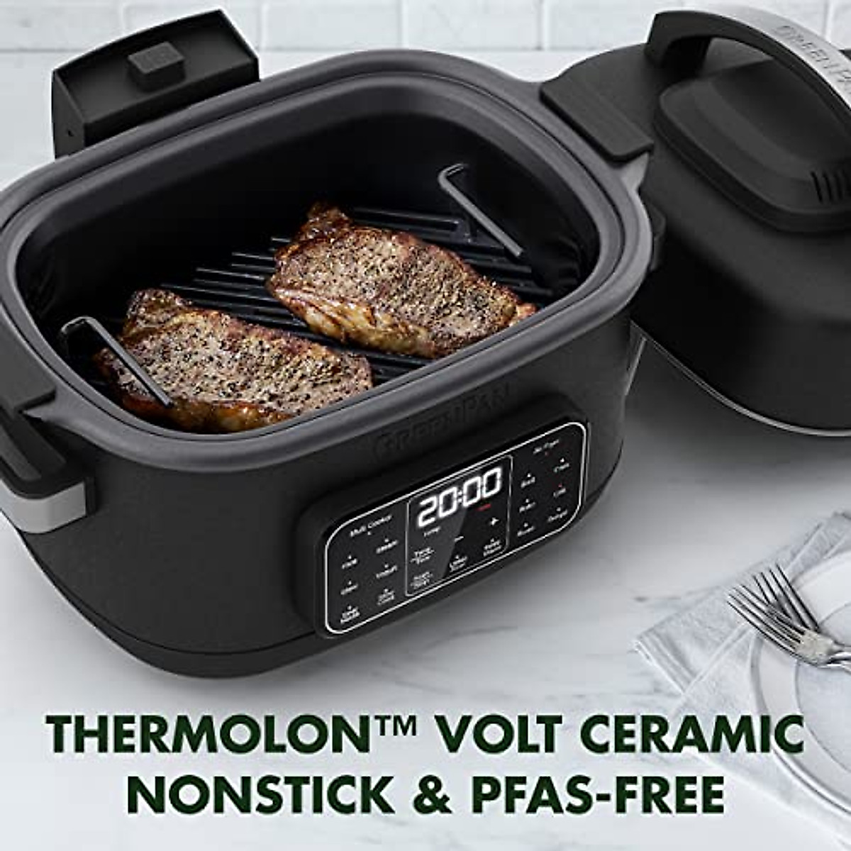 GreenPan Matte Black 13-in-1 Air Fryer Slow Cooker & Grill, Presets to Steam Saute Broil Bake and Cook Rice, Healthy Ceramic Nonstick and Dishwasher Safe Parts, Easy-to-use LED Display