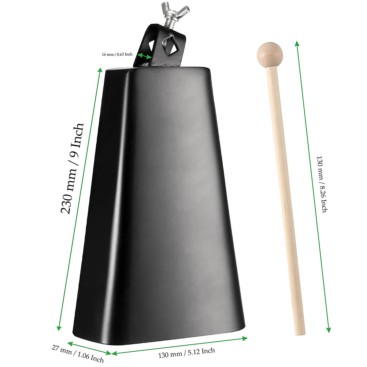 MAHIONG 2 Pack 9 Inch Cow Bell, Metal Noise Makers with Stick, Black Cowbell Percussion Instrument for Drum Set, Hand Percussion Cowbell for Sporting Events, School, Wedding, Farm