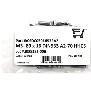 M5-.80 X 16 Hex Head Cap Screw Hex Bolts DIN933 (M5x16) Full Thread A2-70 Stainless Steel (25 Pieces)