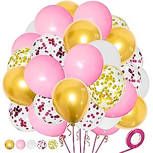 Pink White Gold Latex Balloons Kit 12 Inch, Pink Gold Confetti Balloons Party Decoration Supplies for Girl‘s Birthday Baby Shower valentines day.51pcs…