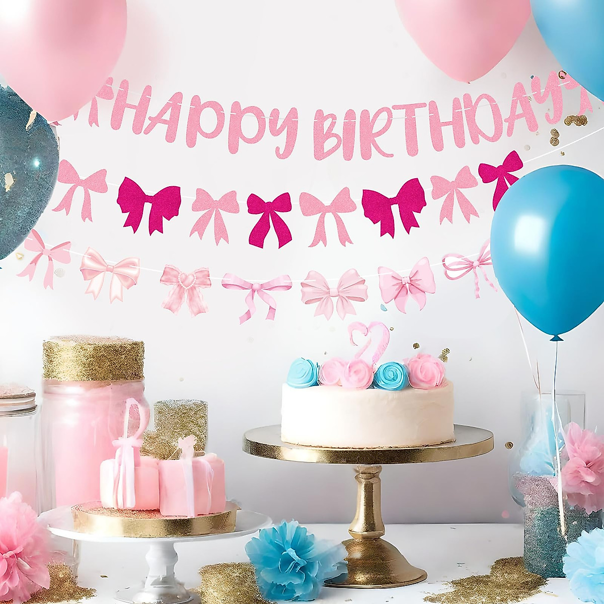 VorkiVecKi Coquette Happy Birthday Banner - Pink Bow Birthday Decorations 3 Pcs Happy Hanging Ribbon Banner Sweet Streamers Garland Decor for Girls Women Bday Party Decoration Supplies