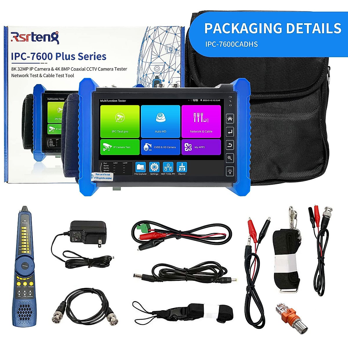 Rsrteng CCTV Tester,IPC-7600CADHS Plus 8K 32MP IP Camera Tester with Cable Tracer 4K 8MP AHD CVI TVI SDI CVBS Coaxial Camera Tester 7” Touch Screen Monitor Support HDMI VGA TDR WiFi Audio POE RS485