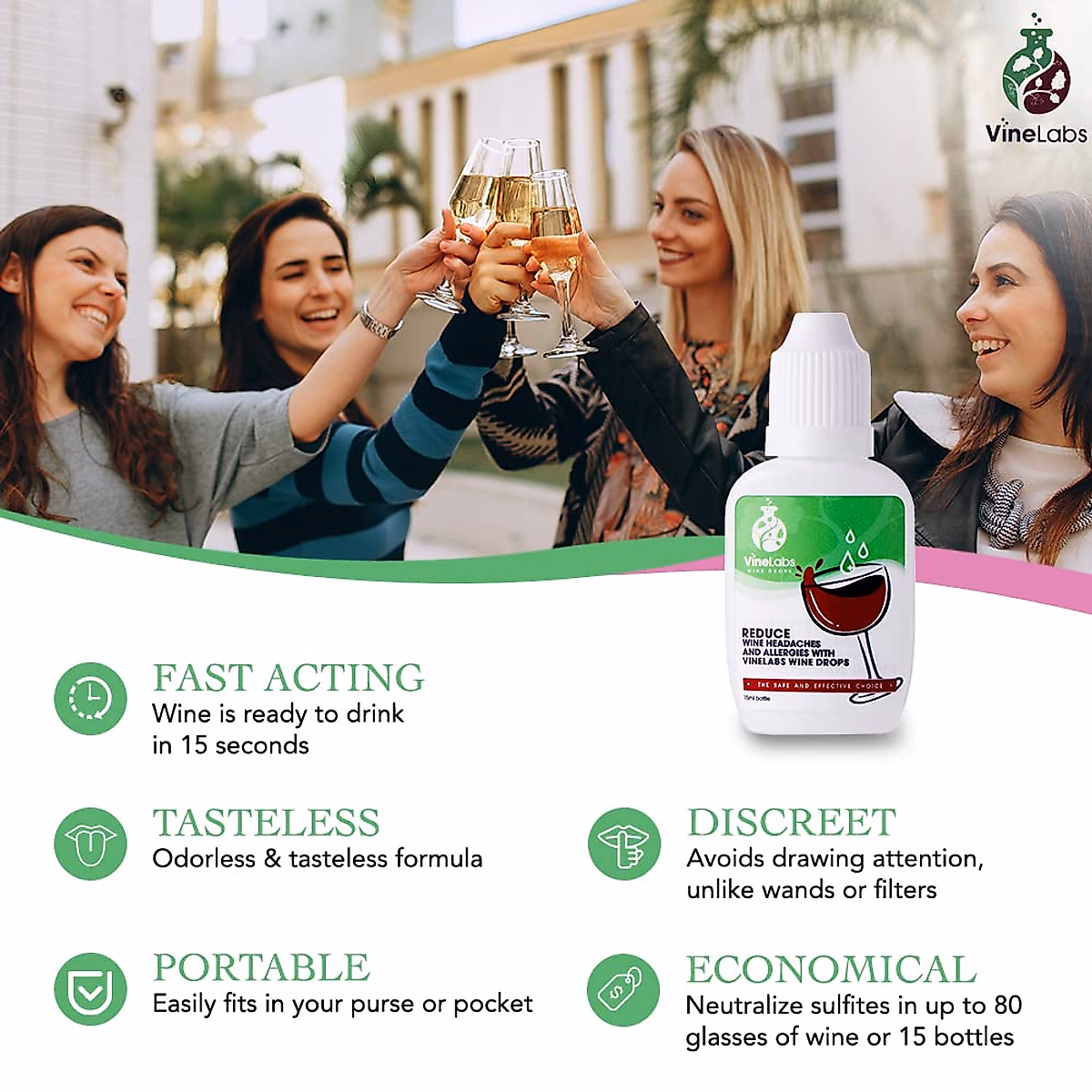 VineLabs Sulfite Removing Wine Drops, Odorless and Tasteless Purifier for Red and White Wines, Natural Headache Reducer, Made in the USA