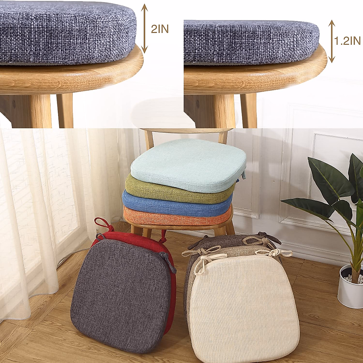 Kimgull Chair Cushions with Ties, Non Slip Chair Pads Set of 4, Thickened Breathable Cover Detachable Seat Cushion, for Kitchen Dining Living Room Office Chair (15.7x15x1.2In Grey)