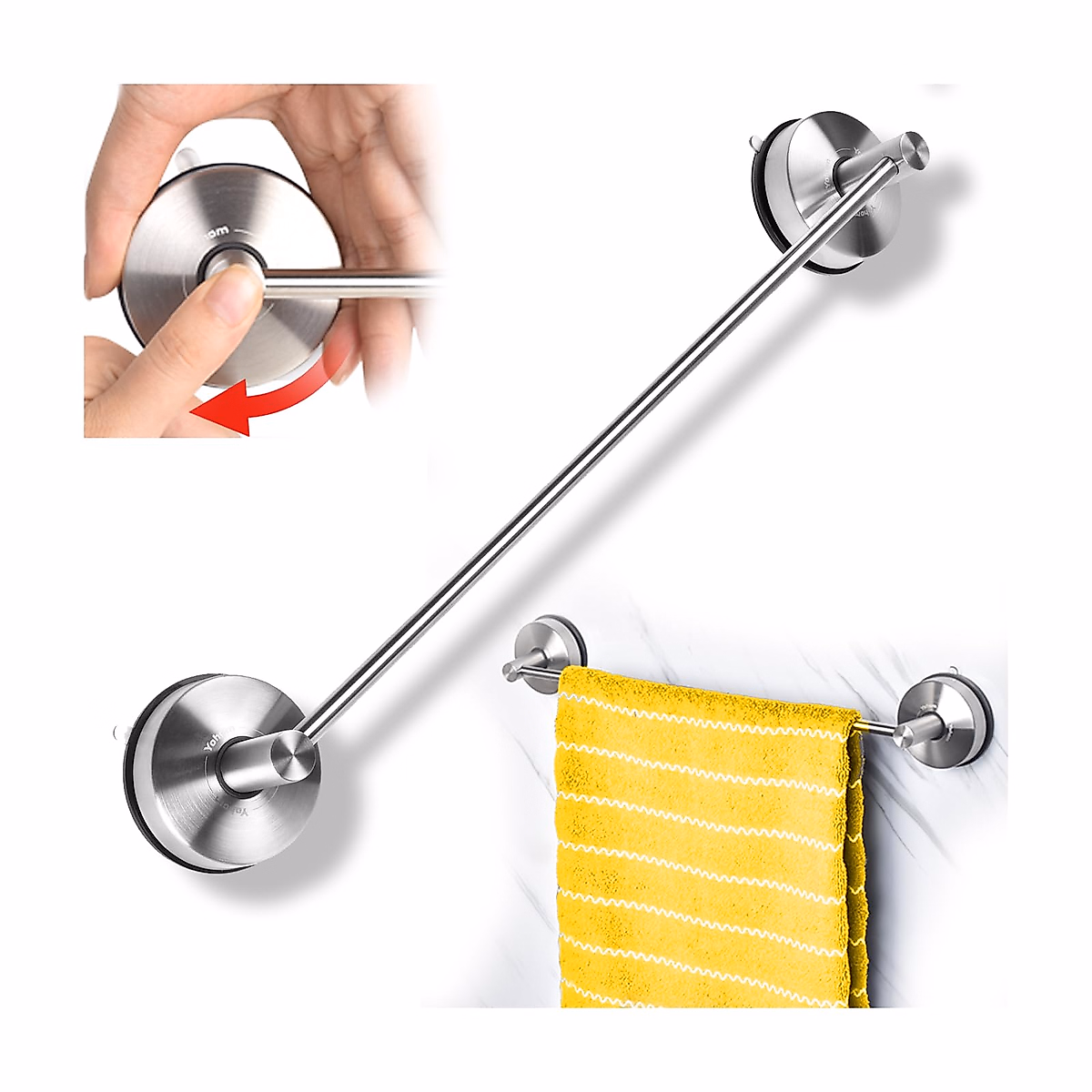 YOHOM Suction Cup Towel Bar for Shower 17 Inch Stainless Steel Bathroom Towel Rack Suction Washcloth Holder Vacuum Hand Towel Bar for Glass Shower Door Removable Towel