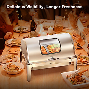 Warmounts 9QT Roll Top Chafing Dish Buffet Set, Rectangular Chafing Dishes for Buffet with Visible Lid, Serving Utensils, Stainless Steel Chafers for Catering for Parties, Events (2 Half-Size)