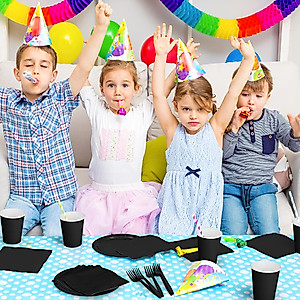 ADXCO Black Party Supplies Disposable Black Party Decorations 9 Inch Black Paper Plates Paper Cups Napkins Folks Serves 24 for Birthday Wedding Holiday Decorations