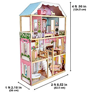 KidKraft Charlotte Classic Wooden Dollhouse with EZ Kraft Assembly™, 14-Piece Accessory Set, for 12-Inch Dolls, Gift for Ages 3+