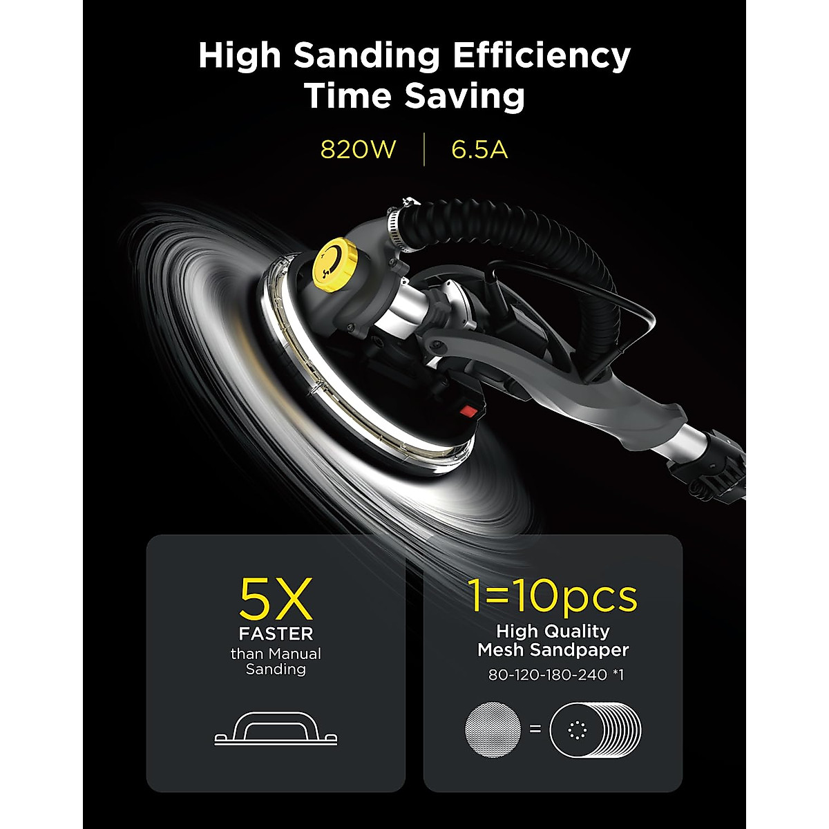 Drywall Sander with Vacuum Dust Collector, 820W DIY Popcorn Ceiling Removal Tool with Shoulder Strap, 600-1900RPM ETL Certified Electric Drywall Sander with 4 Vacuum Adapters, Aluminum Oxide Sandpaper