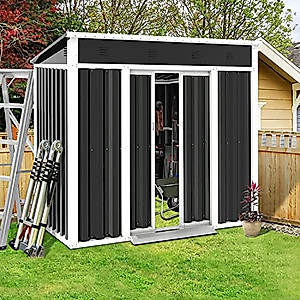 Oakmont Outdoor Garden Storage Shed 4' × 6' Garden Tool House with Double Sliding Doors, Steel Anti-Corrosion Storage House forYard Lawn (Grey)