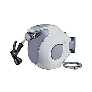 DEWENWILS Retractable Garden Hose Reel, 1/2"×100ft Wall Mount Hose Reel, with 7-Pattern Spray Nozzle, Any Length Lock, 180°Swivel Bracket, Auto Rewind Hybrid Water Hose Reel for Outdoor Watering