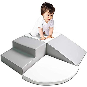 Wonder Space Climb & Crawl Foam Play Structure - Upgraded Size with Sew On Hook & Loop Stripes - Preschool Nursery Stage Slide Set - Babies Toddlers Motor Skills Early Development Gym Toy (Grey 4pcs)