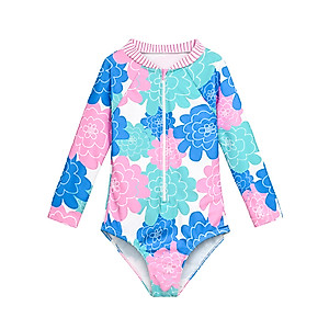 American Trends Toddler One Piece Swimsuits Girl Rash Guard Long Sleeve Zipper Bathing Suits for Girls Colorful Flower 4-5 Years