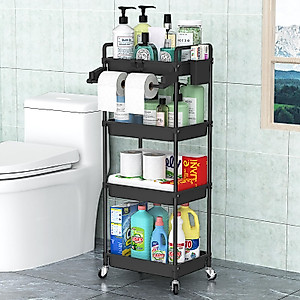 SPACEKEEPER Rolling Storage Cart, 4-Tier Bathroom Organizer Utility Cart Laundry Room Organization Mobile Shelving Unit with Towel Rack, Lockable Wheel, Hooks & Cup for Kitchen Bedroom Office, Black