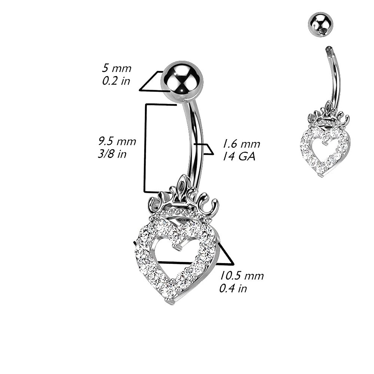Pierced Owl 14GA 316L Stainless Steel CZ Crystal Paved Hollow Heart and Crown Belly Button Ring (Rose Gold Tone/Pink)