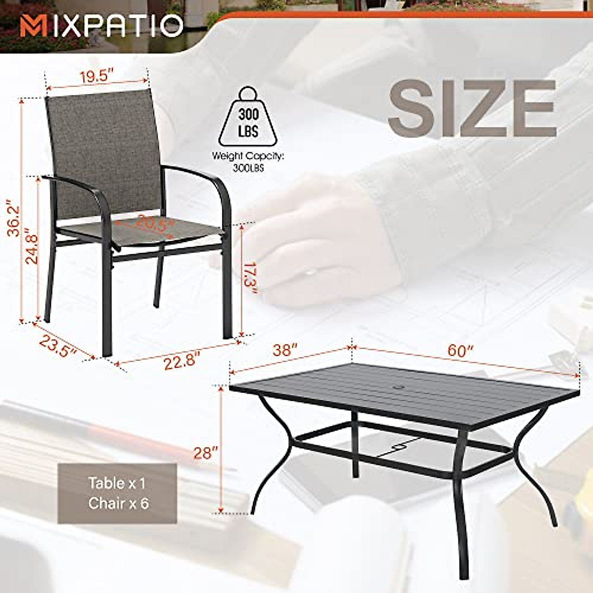 MIXPATIO Patio Dining Set 7 Piece Outdoor Furniture Set with 6 Brown Textilene Chairs and Metal Rectangular Table for Deck Garden Backyard Lawn Poolside