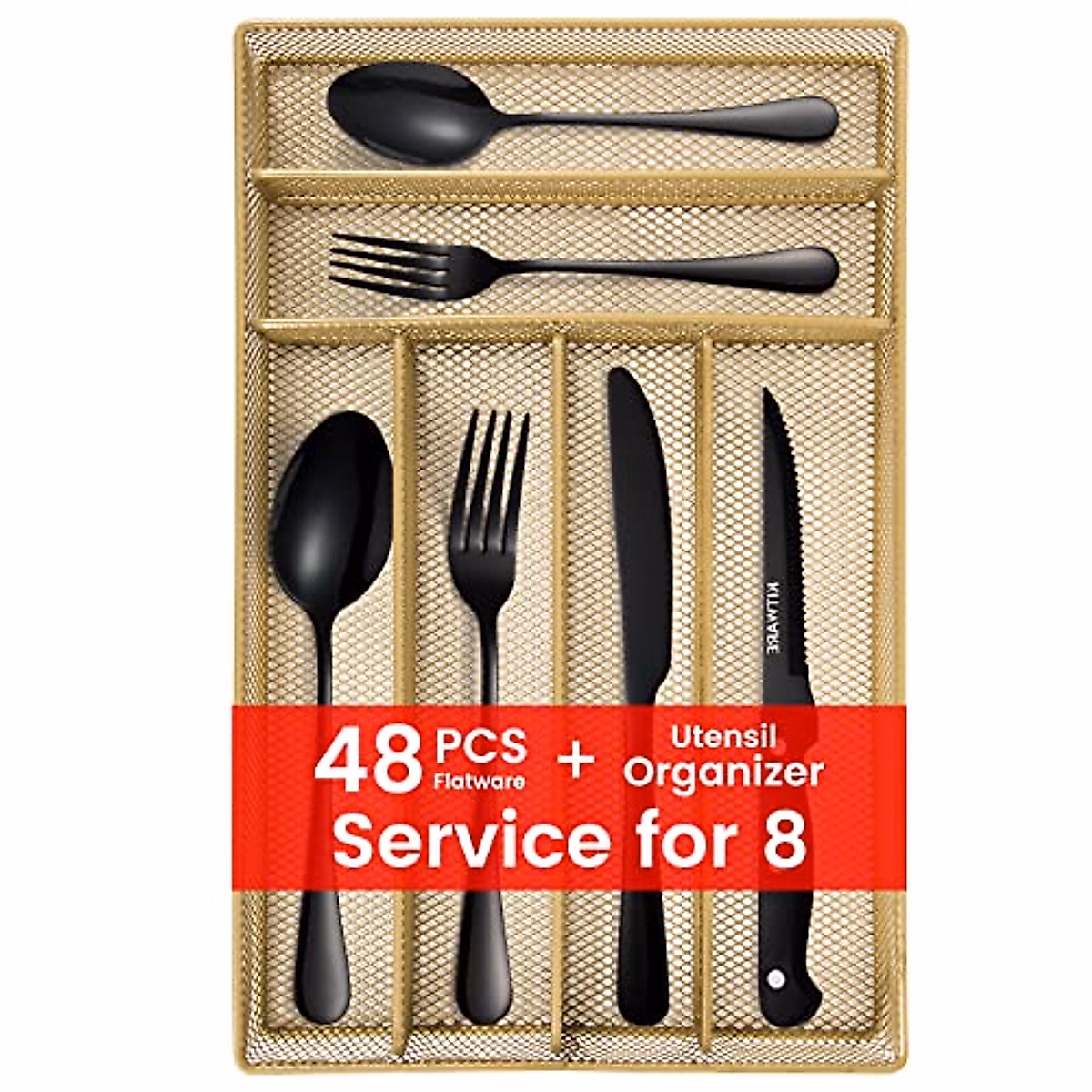 48 pcs BLack Silverware with Organizer, Stainless Steel Flatware with Steak Knife, Mirror Polished Cutlery Utensil Set, Durable Home Kitchen Eating Tableware Set, Include Fork Knife Spoon Set