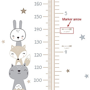 Cartoon Animals Height Growth Chart Wall Sticker Boho Style Peel and Stick Removable Wall Decals Children Kindergarten Nursery Bedroom Door Decoration (Beige & Grey)