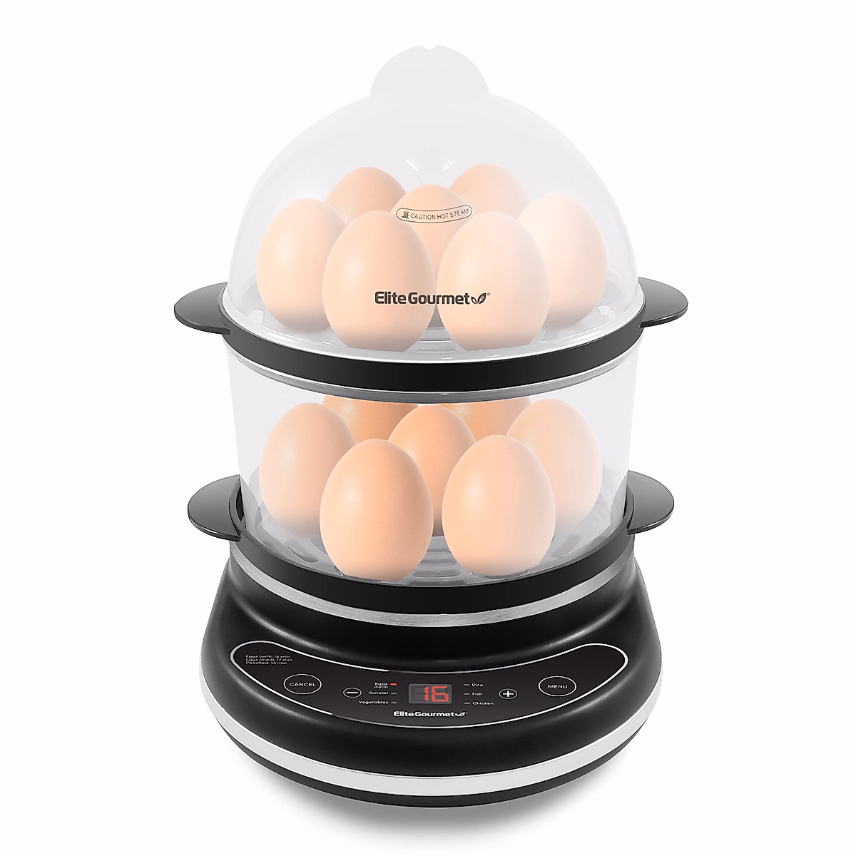 Elite Gourmet EGC314CB Digital Easy Egg Cooker Food Steamer, Poacher, Omelet, Soft, Medium, Hard-Boiled Egg with 6 Programmed Preset Functions, 2-Tiers, Measuring Cup, BPA Free, 14 egg capacity, Black