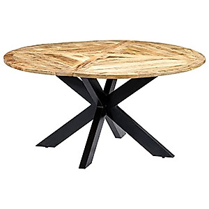CHARMMA Dining Table Round,Solid Mango Wood Kitchen & Dining Room Round Tables for Farmhouse Kitchen Room Decor, Powder Coated Iron Leg,59.1" Dia