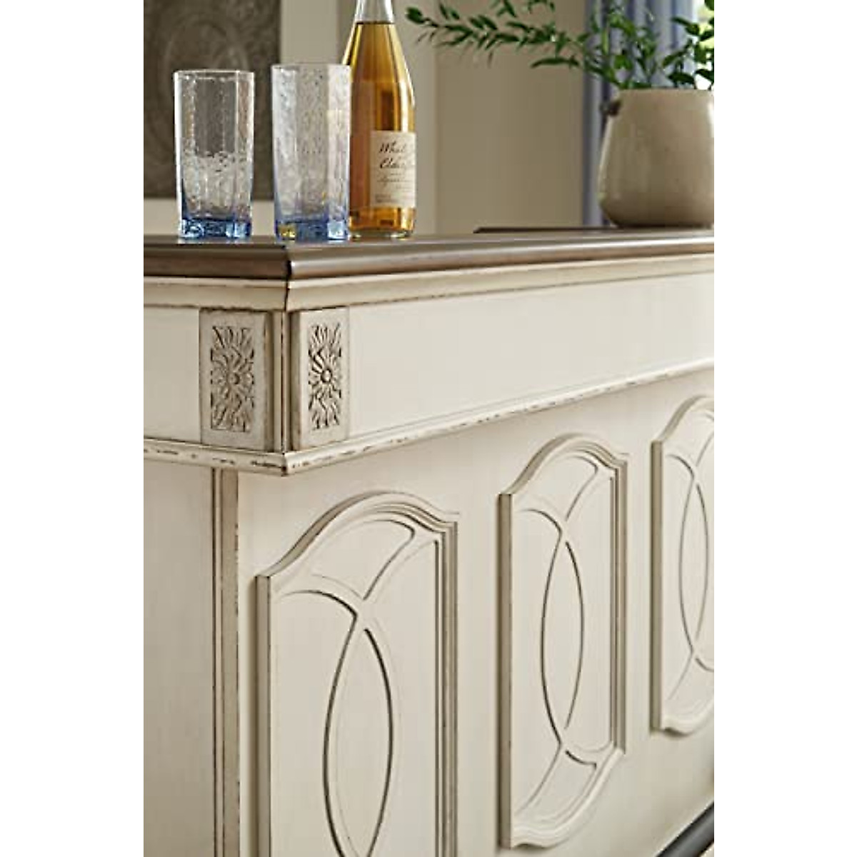 Signature Design by Ashley Realyn French Country Bar with Metal Footrest, White & Beige