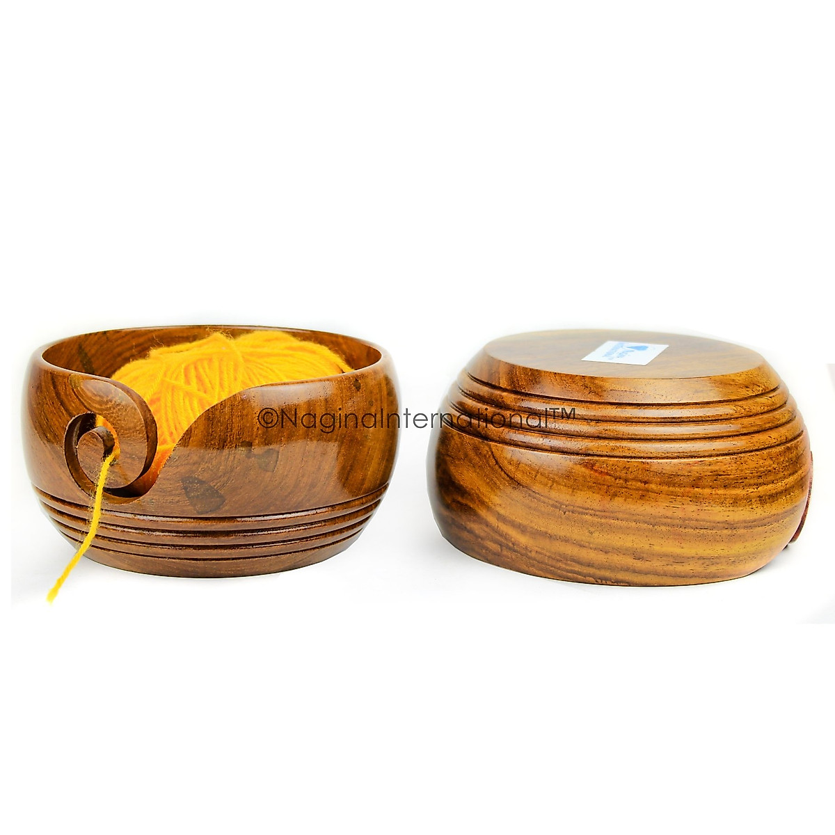Solid Teak Wood Crafted Wooden Yarn Ball Storage Bowl with Spiral Yarn Dispenser & Decorative Rings | Knitting Crochet Accessories | Nagina International (Rosewood, Small)