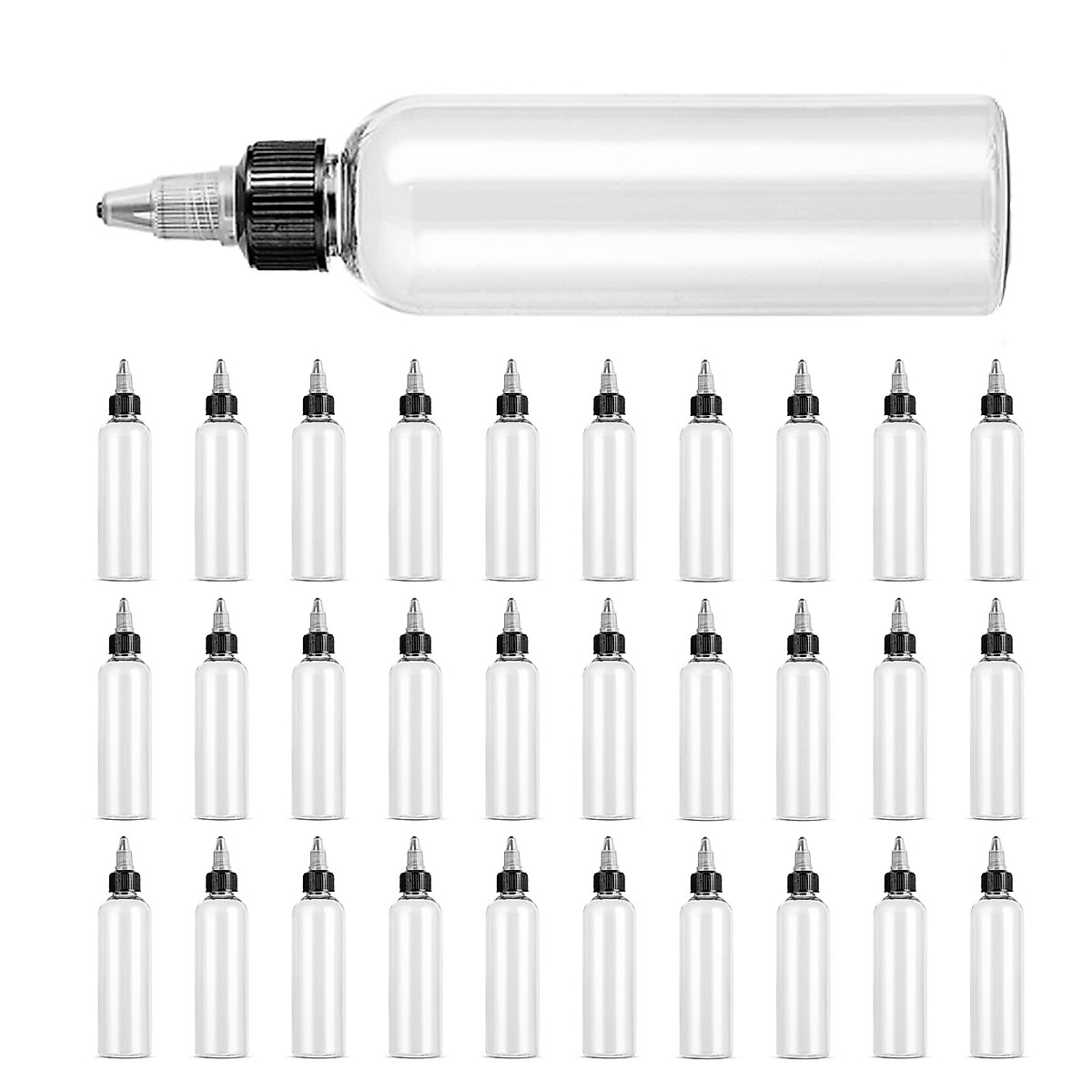 36 Pack Clear Dispensing Bottles, 4oz Round Plastic Squeeze Bottle with Twist Top Caps,Food Grade Household for Oils, Liquids, Inks, Crafts, Kitchen