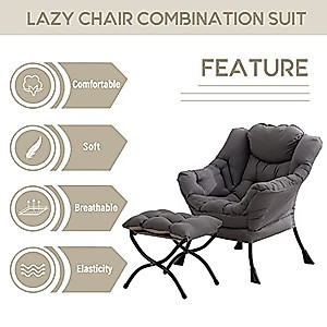 LITA Modern Lazy Chair with Ottoman, Accent Contemporary Lounge Chair Single Leisure Upholstered Sofa Chair Set with Armrests and a Side Pocket, Reading Chair for Living Room & Bedroom, Dark Grey