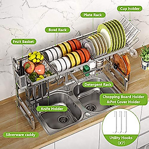 1Easylife Over The Sink Dish Drying Rack Adjustable 2-Tier Large Dish Dryer Rack for Kitchen Organizer Storage Space Saver Shelf Utensils Holder with 7 Utility Hook Tableware Drainer (Silver)