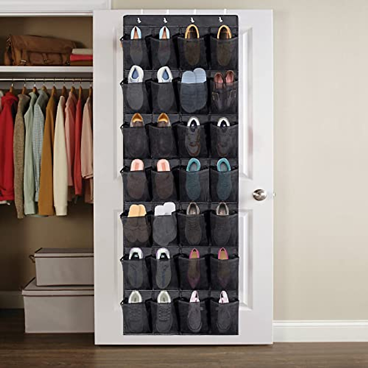 HKCDUUT Hanging Shoe Storage Organizer Over the Door 28 Large Mesh Pockets Door Storage Shoe Holders Shoe Rack for Closet Behind Door Organizer, Black 67"X22"