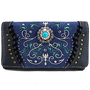 Zelris Spring Bloom Western Concho Women Crossbody Wrist Trifold Wallet (Blue)