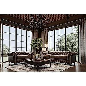 Valencia Parma Chesterfield Loveseat 64" | Premium Full-Aniline Leather | Mid-Century Accent Chair with Classic Button Tufted Back and Wood Legs for Living Room, Chocolate