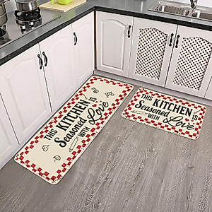 YOUWOUS The Kitchen is Seasoned with Love Kitchen Mats Set of 2-17x29 and 17x47 Inch, Decorative Non Slip Backing Floor Mat for Home Kitchen Red